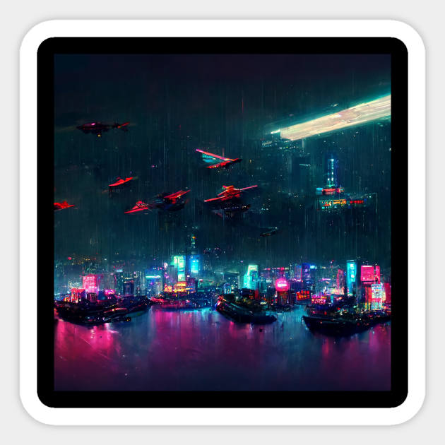 Cyberstrike - Cyberpunk Cityscape Skyline - Dogfight - Sticker | TeePublic
