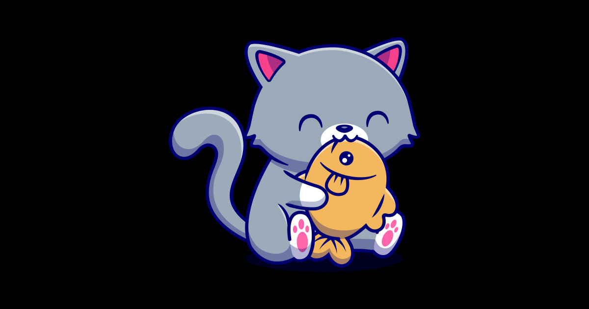 Cute Cat Eating Fish - Kitty - Sticker | TeePublic