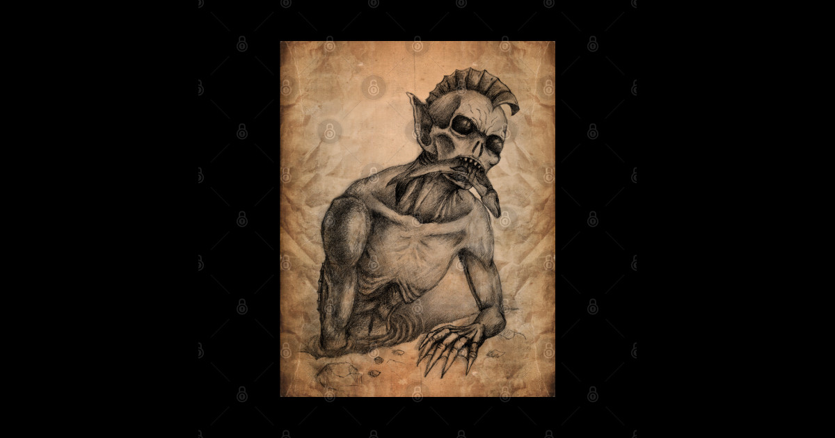 Drowner Fantasy Monster Antique Pencil Sketch on Old Paper - Fantasy ...