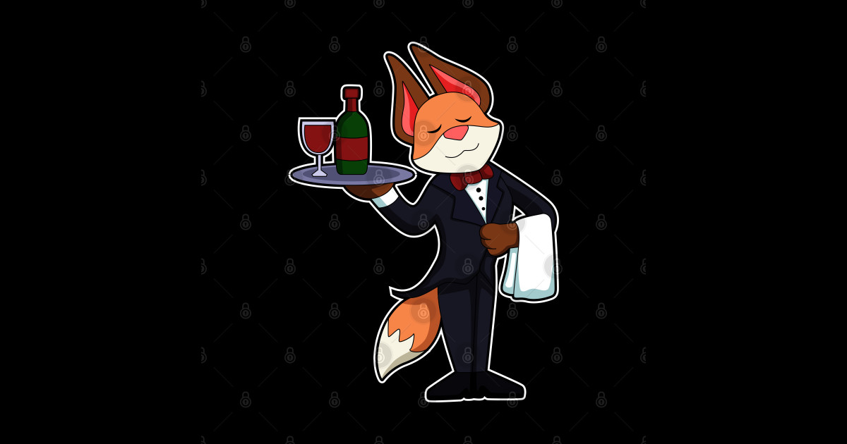 Fox as Waiter with Platter and Red wine - Wine - Magnet | TeePublic