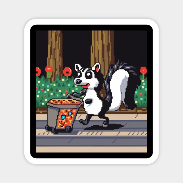 pixel art skunk pushing trash can with pizza - Ai Art - Magnet | TeePublic
