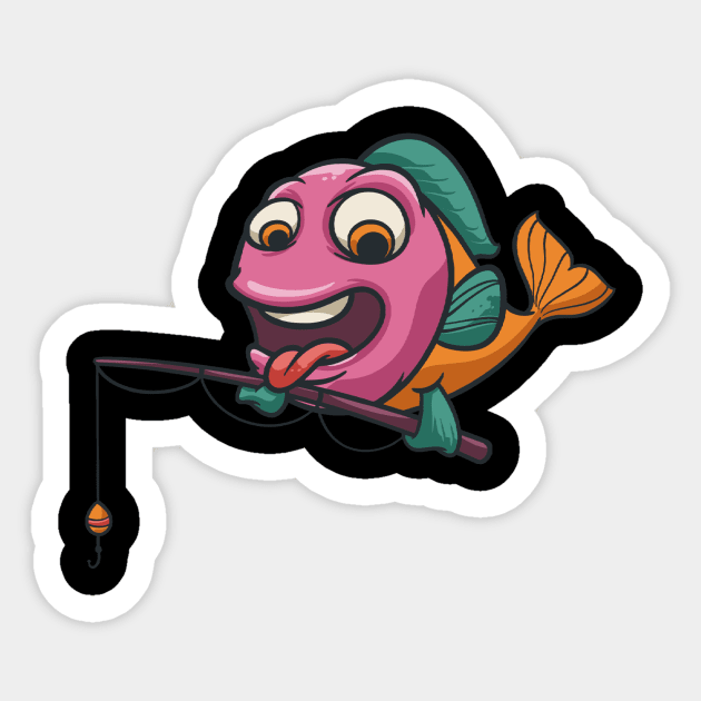 Fish Holding Fishing Rod Pole Fisherman - Fish - Sticker | TeePublic