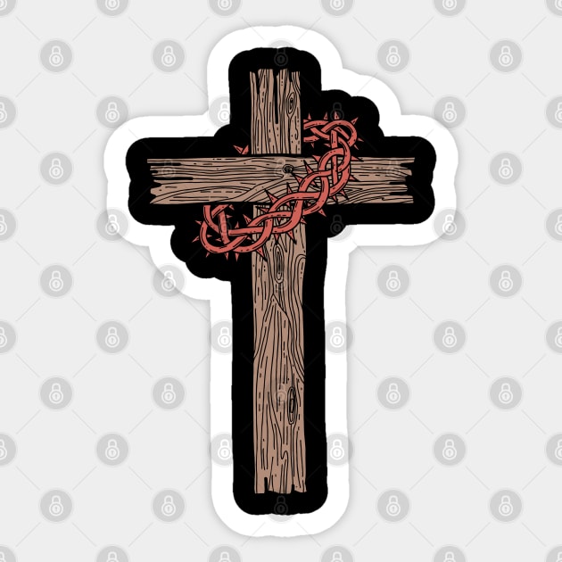 A wooden cross with a crown of thorns - Wooden Cross - Sticker | TeePublic