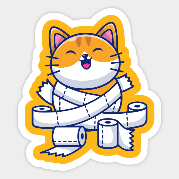 Cute cat with toilet tissue paper roll cartoon - Cat - Sticker | TeePublic