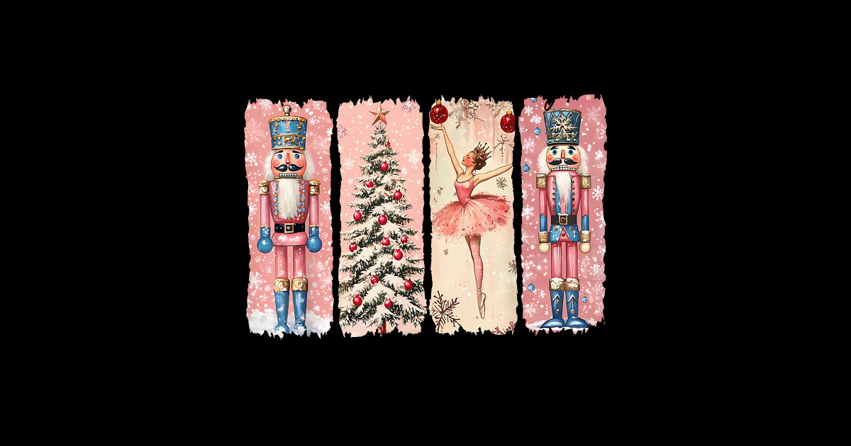 Vintage Pink Christmas Art With Nutcrackers Tree and Elegant Ballerina ...