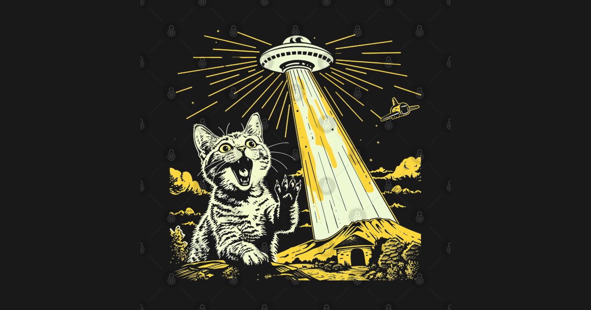 Shocked Cat and UFO Invasion - Funny Cat - T-Shirt | TeePublic