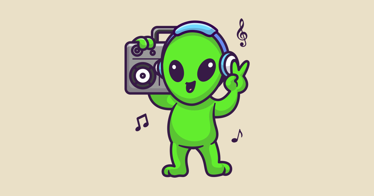 Cute Alien Listening Music With Boombox And Headphone Cartoon - Cute ...