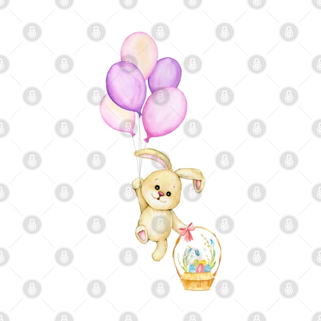 Cute bunny holding balloons and Easter egg basket floats up to the sky ...