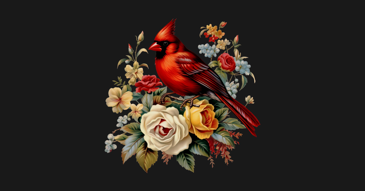 Retro Red Cardinal Bird Roses Floral Nature Bird Watching - Retro Red ...