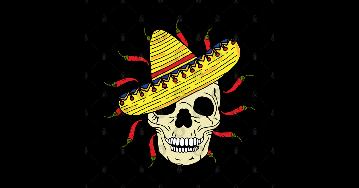 Skeleton Skull Wearing Sombrero with Chillies - Chilli Lover - Sticker ...