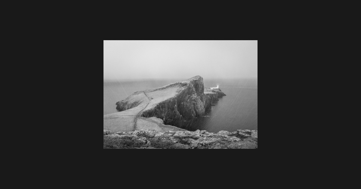 Neist Point snow storm black and white - Neist Point - T-Shirt | TeePublic