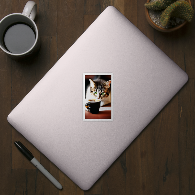 Cat Drinking Coffee Realistic Art - Cat - Sticker | TeePublic