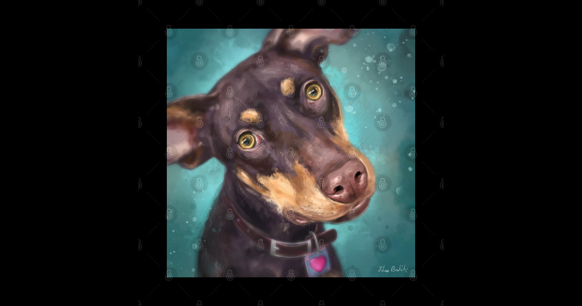 Painting of a Cute Brown an Gold Doberman Pinscher Puppy on Blue Green ...