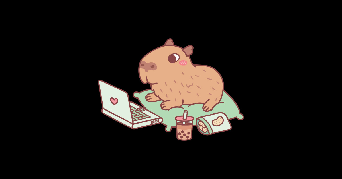 Cute Chilling Capybara With Laptop And Snacks - Capybara - Posters and ...