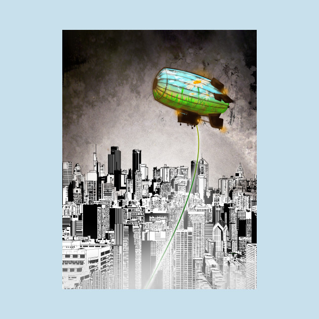A Message green daisy blimp hovers over a cold gray city ...