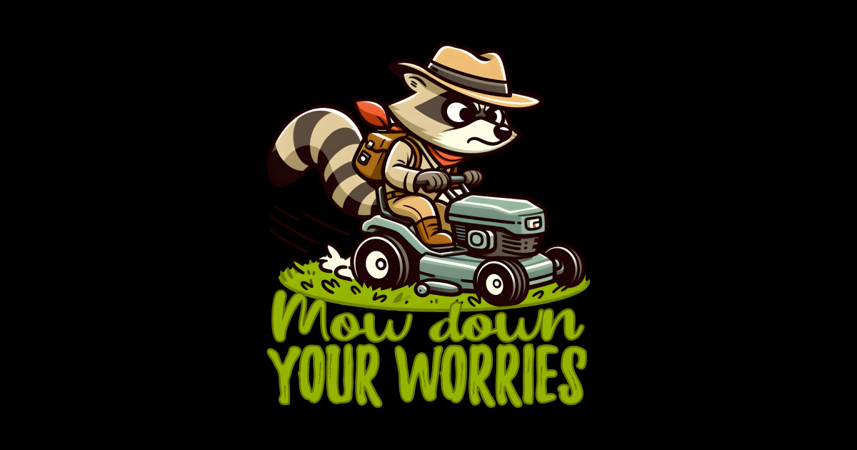 Mow down your Worries - Raccoon riding a lawn mower - Lawn Mowing ...