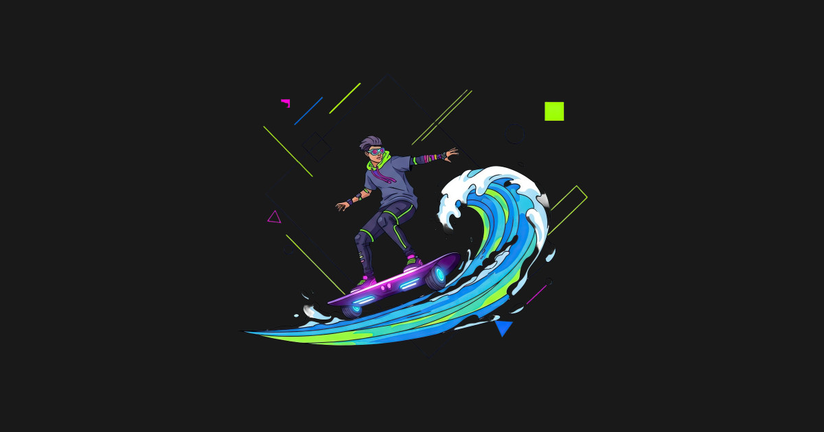 Young man surfing on a futuristic board with vibrant wave - Hoverboard ...