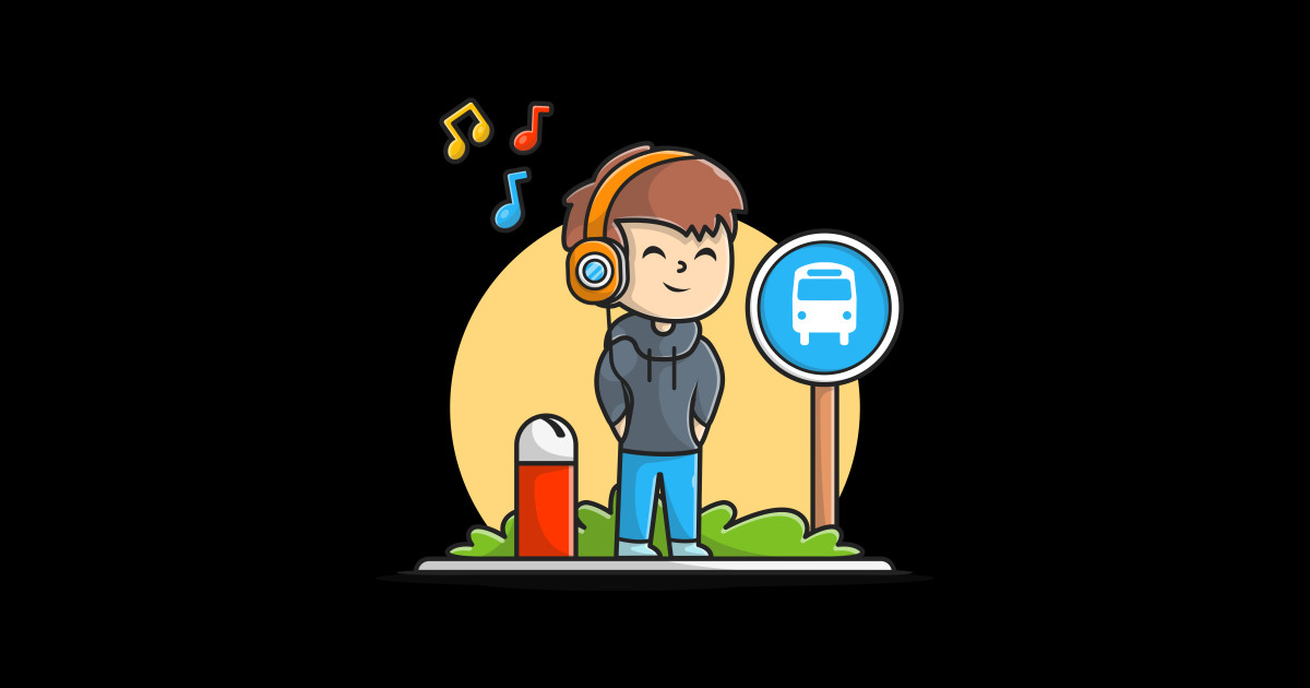 Happy Boy Listening Music with Heaphone and Waiting The Bus in Halte ...