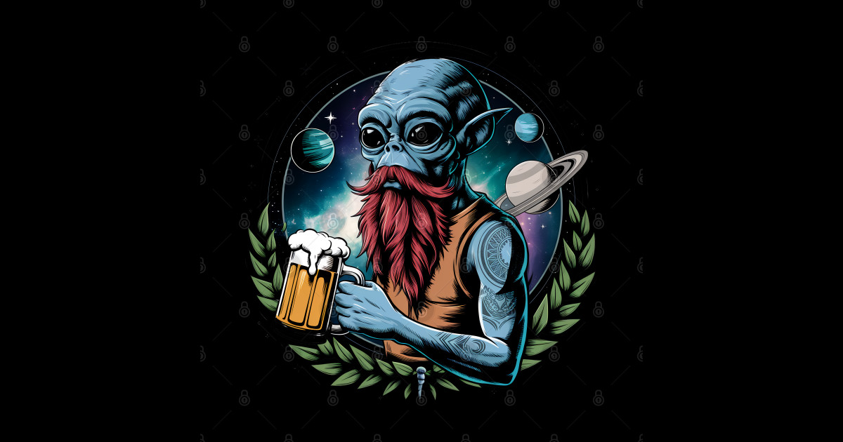 Alien Beer Lover with Cosmic Background - Alien - Sticker | TeePublic