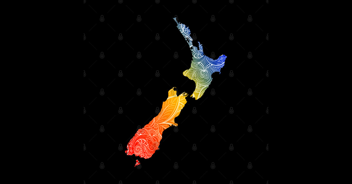 Colorful mandala art map of New Zealand with text in blue, yellow, and ...