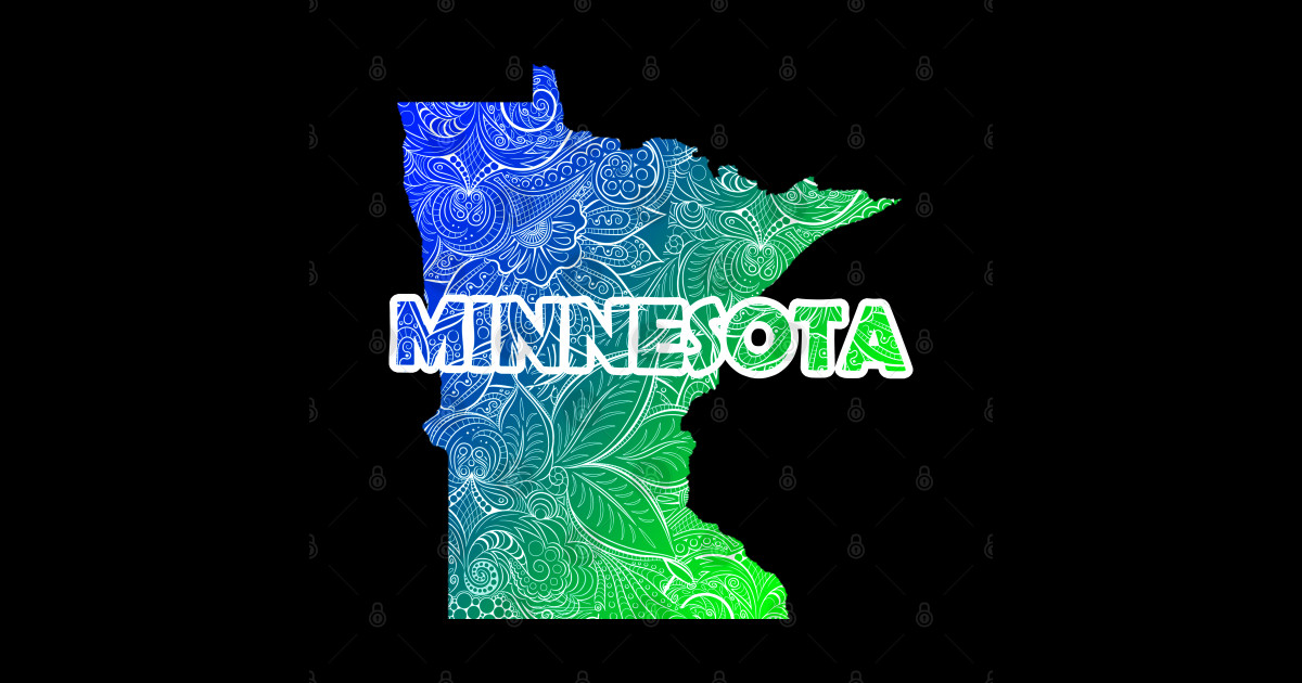 Colorful mandala art map of Minnesota with text in blue and green ...