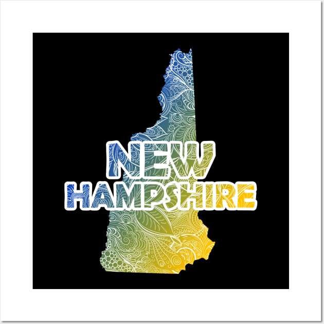 Colorful mandala art map of New Hampshire with text in blue and yellow ...