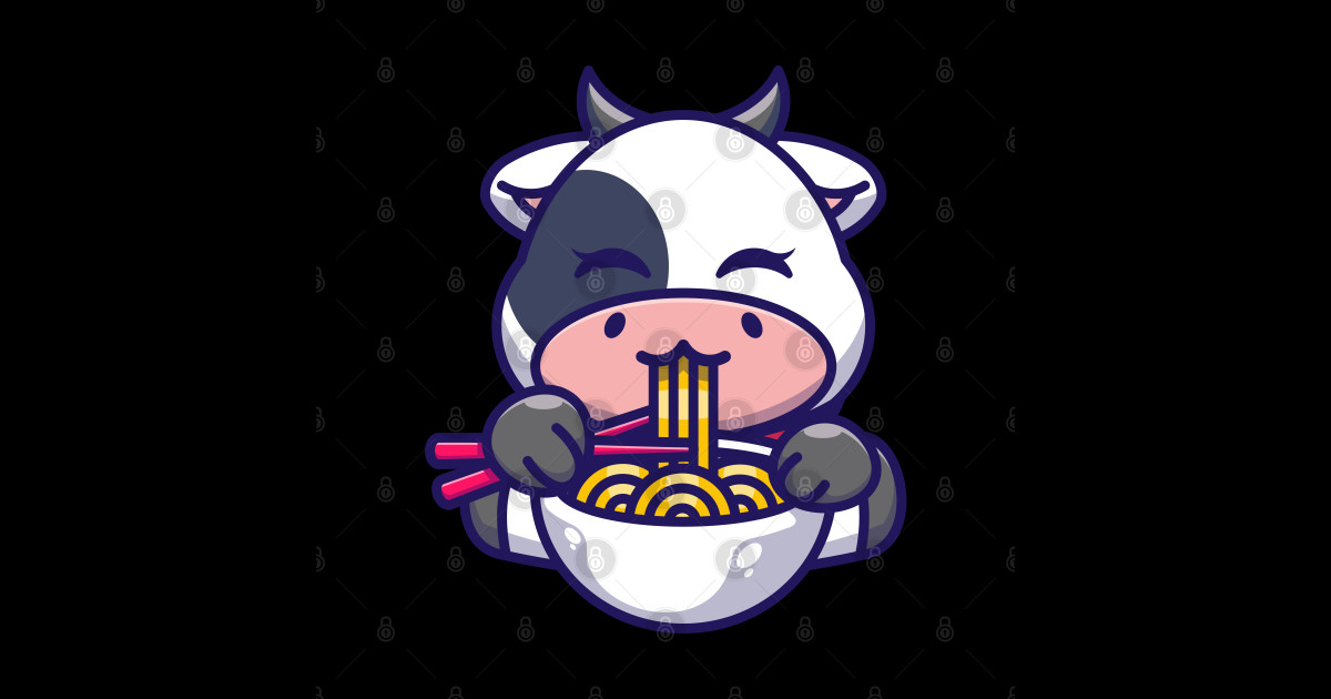 Cute cow eating ramen with chopstick cartoon - Cartoon - Sticker ...