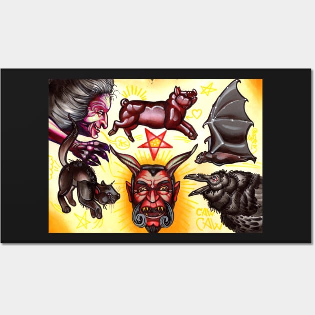 devil tattoo flash, evil witch, bat, black cat - Witch - Posters and ...