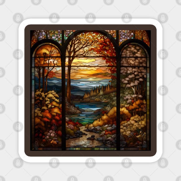 Stained Glass Window Of Autumn Scenery - Stained Glass Window - Magnet ...