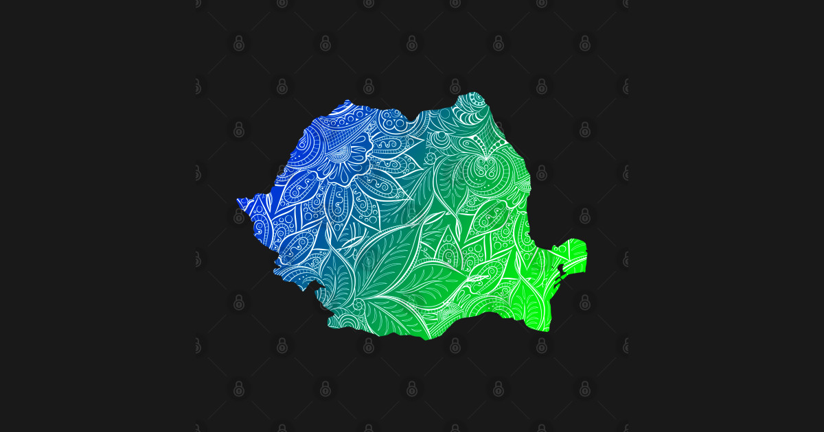 Colorful mandala art map of Romania with text in blue and green ...