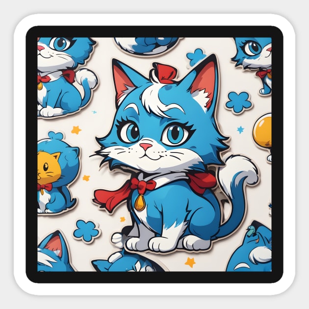 Cute Blue Cartoon Cat Pattern - Blue Cat - Sticker | TeePublic