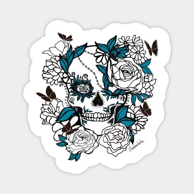 Skull Line Drawing with Butterflies and Flowers in Blue and Black ...