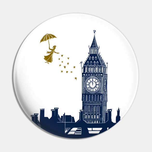 Mary Poppins and Big Ben Linocut - Mary Poppins - Pin | TeePublic
