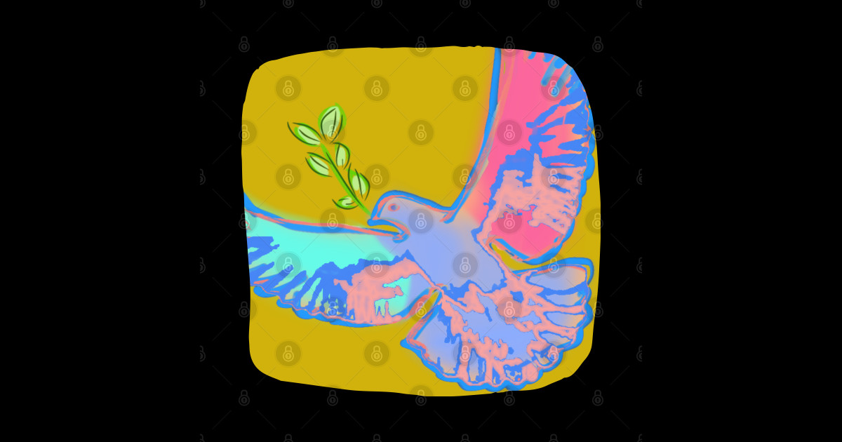 Pop art peace dove in teal and pink pastel colors on ochre yellow ...