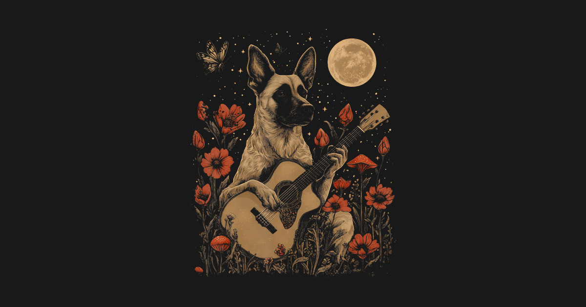 Cottagecore Belgian Malinois Dog Playing Guitar - Dog Guitarist - T ...