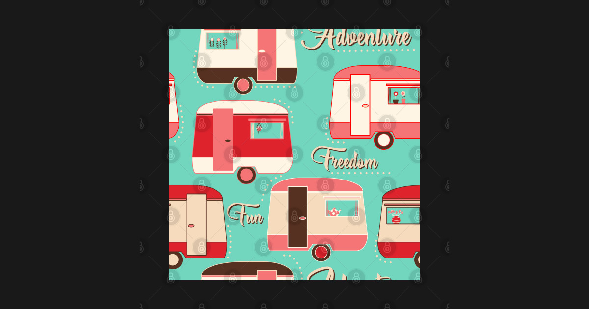 Repeat pattern of cute vintage caravans in retro colours pinks on ...