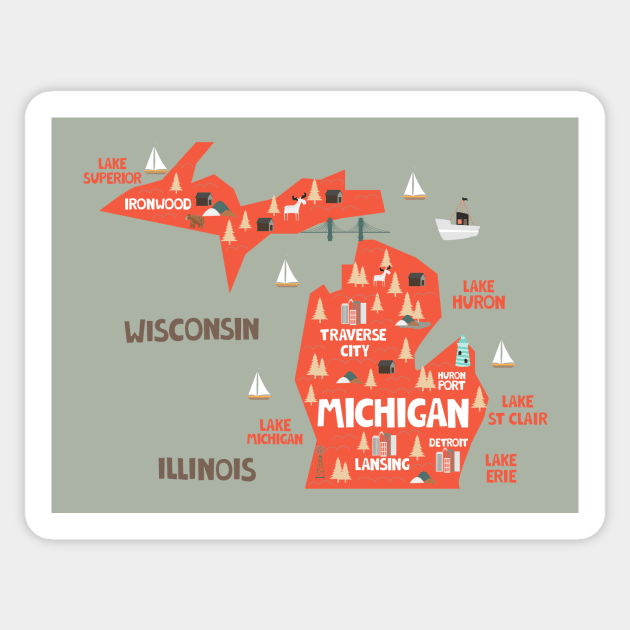 Michigan Illustrated Map - Michigan - Sticker | TeePublic