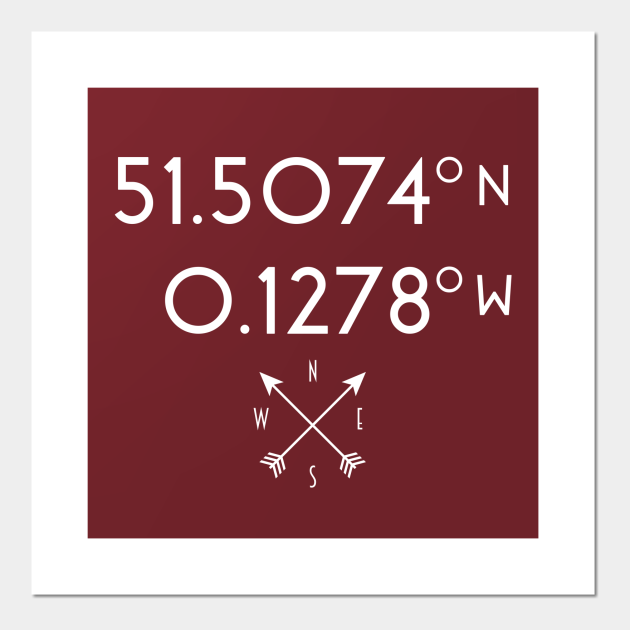 London Map Coordinates (latitude and longitude) white text with compass ...