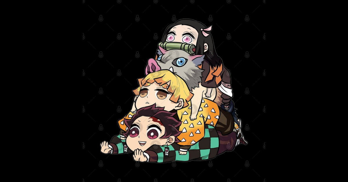 Tanjiro, Nezuko, Zenitsu, Inosuke Chibi - Demon Slayer Anime - Tapestry ...