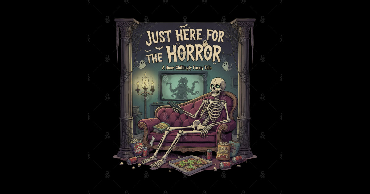 Skeleton on Couch Watching Horror with Pizza and Popcorn - Skeleton ...