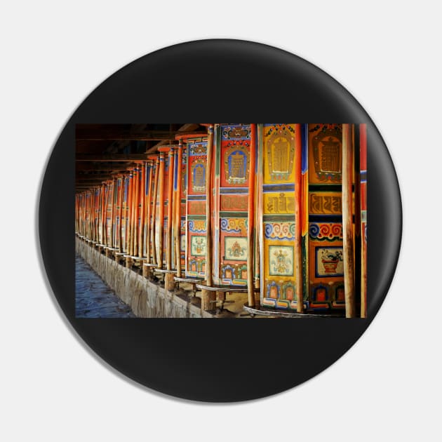 An Alley Of Tibetan Prayer Wheels - Tibetan - Pin | TeePublic