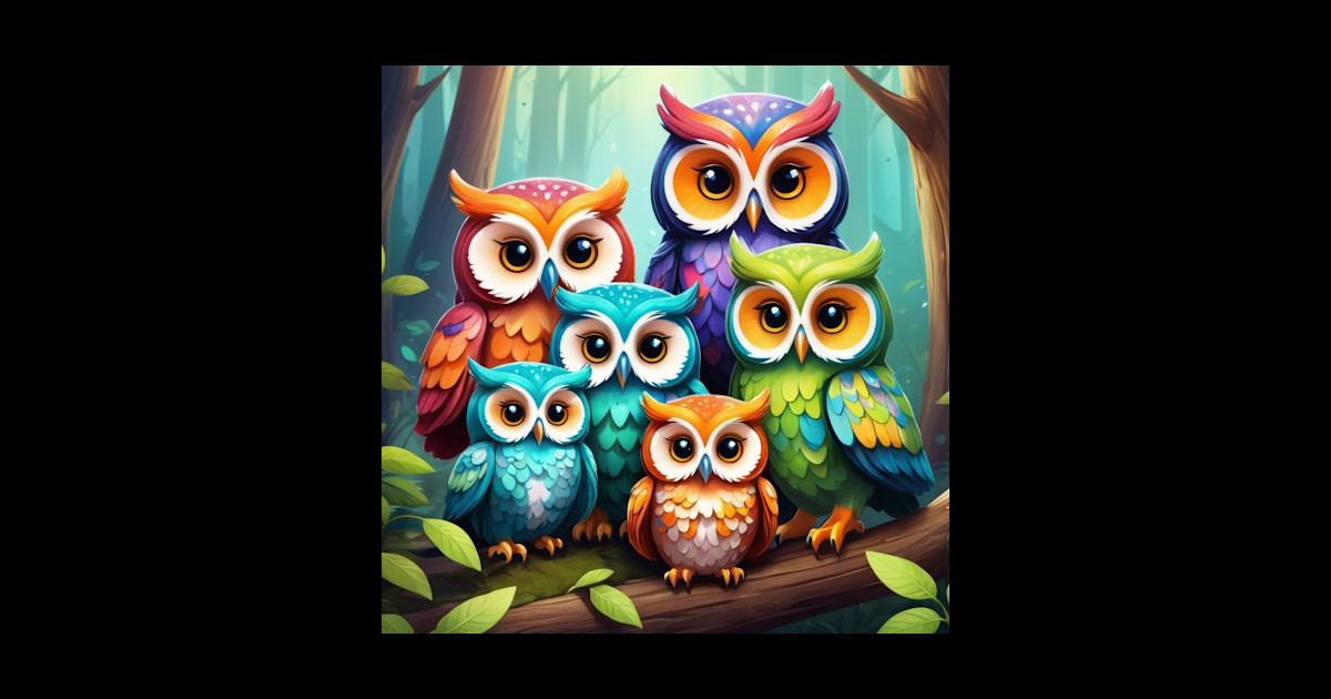 Family of 5 Colorful Owls in an Enchanted Forest - Owls - Sticker ...