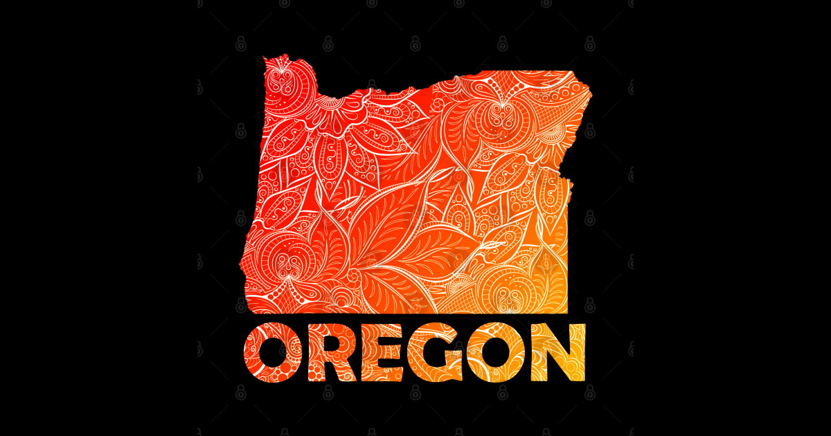 Colorful mandala art map of Oregon with text in blue and violet ...