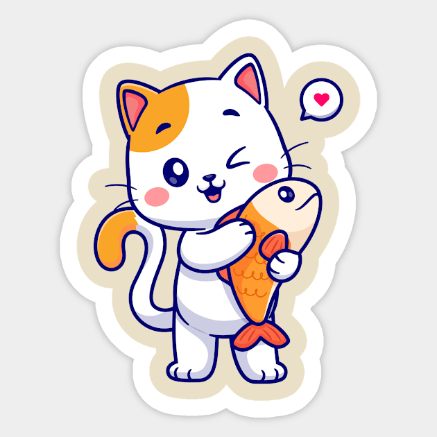 Cute Cat Hug Fish Cartoon - Cute Cat Hug Fish Cartoon - Sticker | TeePublic