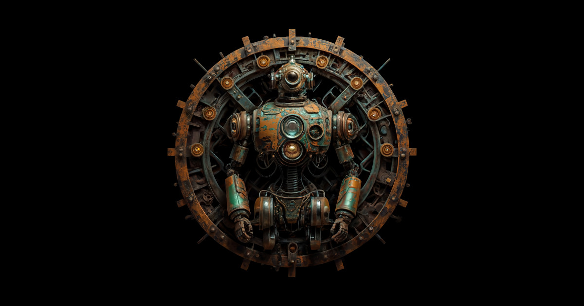 A.I. generated robot art in a circular emblem - verdigris and rust ...