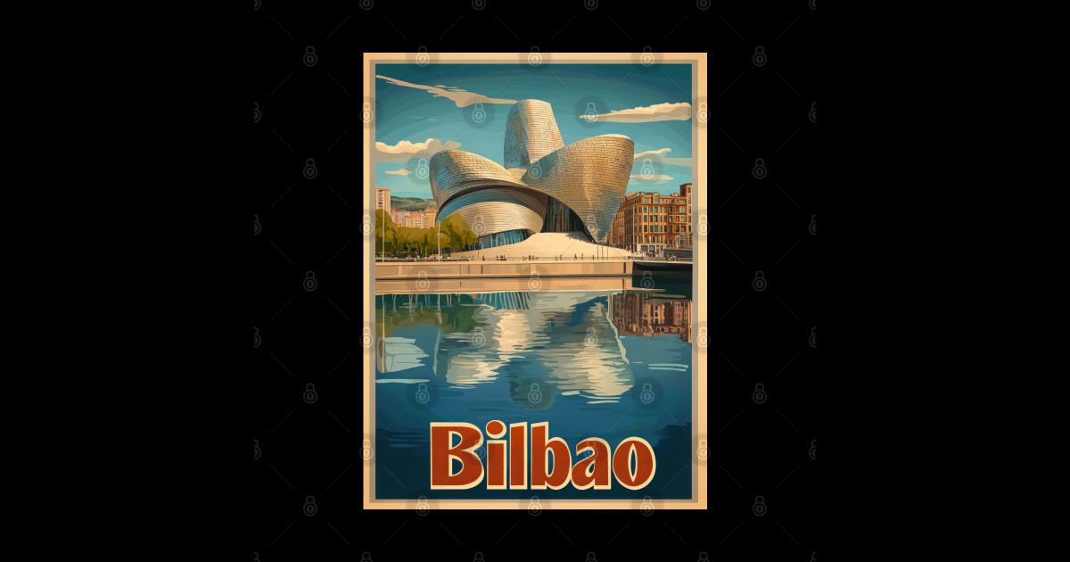 The vintage travel poster highlights the stunning Guggenheim Museum in ...
