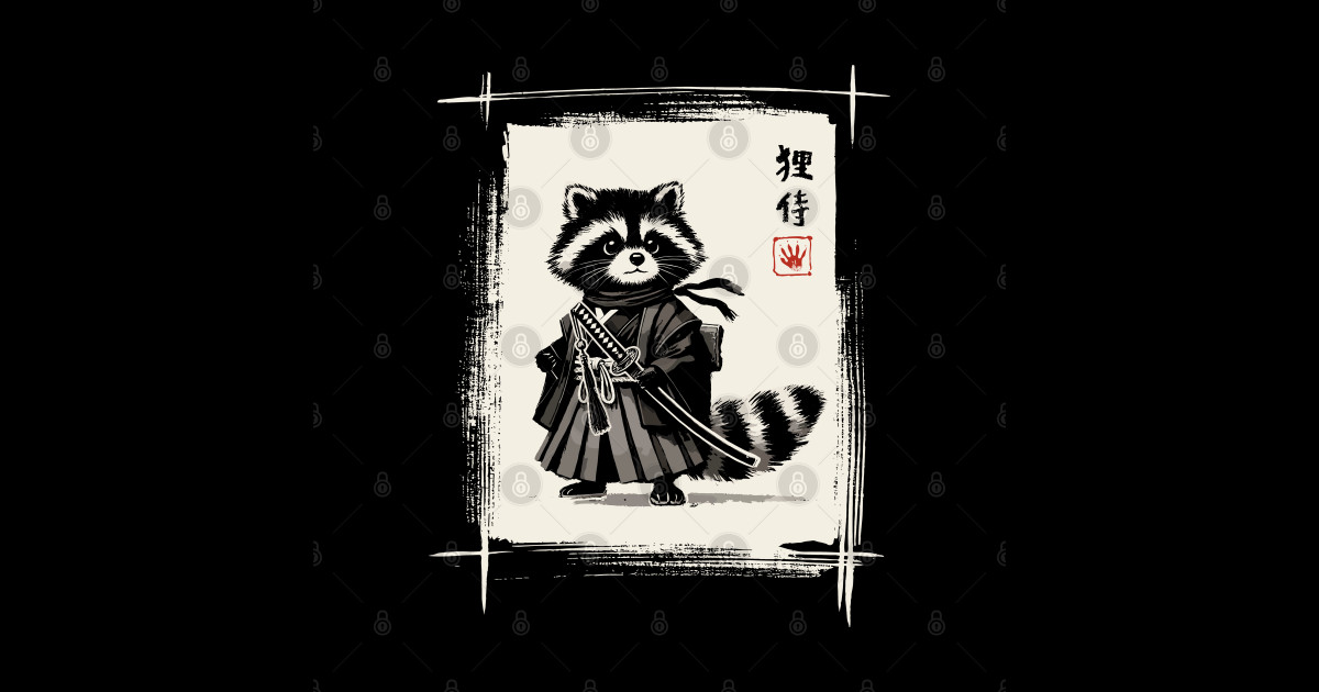 Samurai Raccoon Japanese Art Sumi-e Novelty Kawaii Funny Raccoon ...
