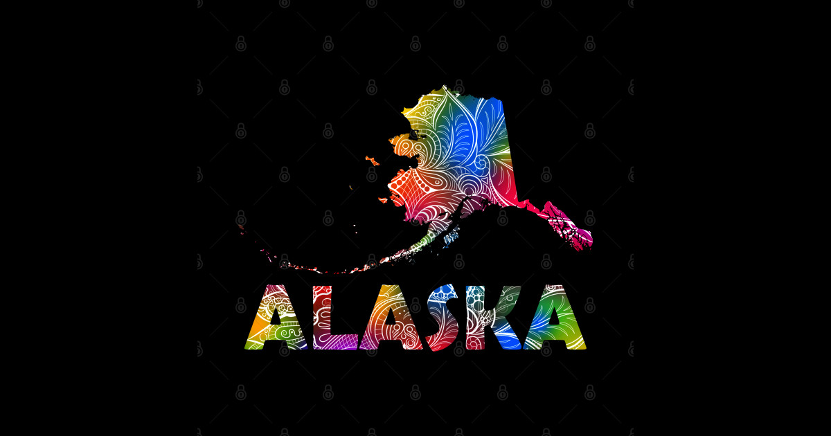 Colorful mandala art map of Alaska with text in multicolor pattern ...