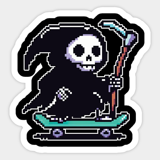 Pixelated Grim Reaper Skater - Pixel Art - Sticker | TeePublic