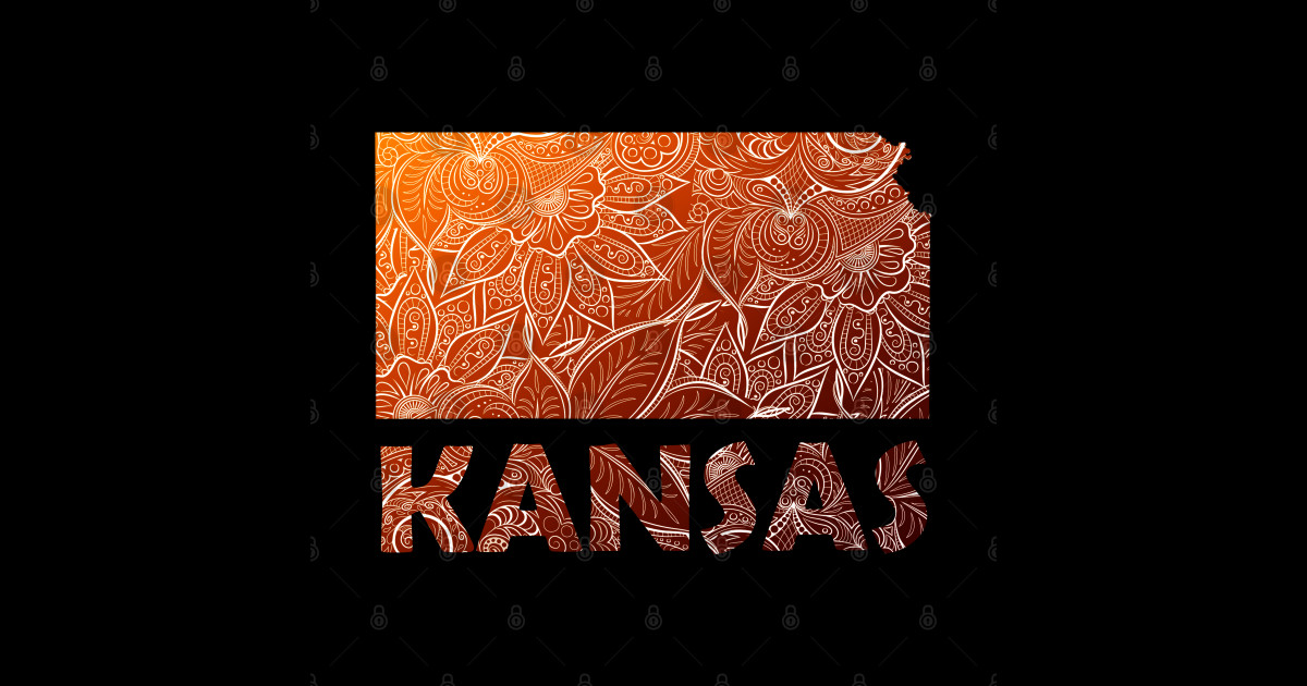 Colorful mandala art map of Kansas with text in brown and orange ...